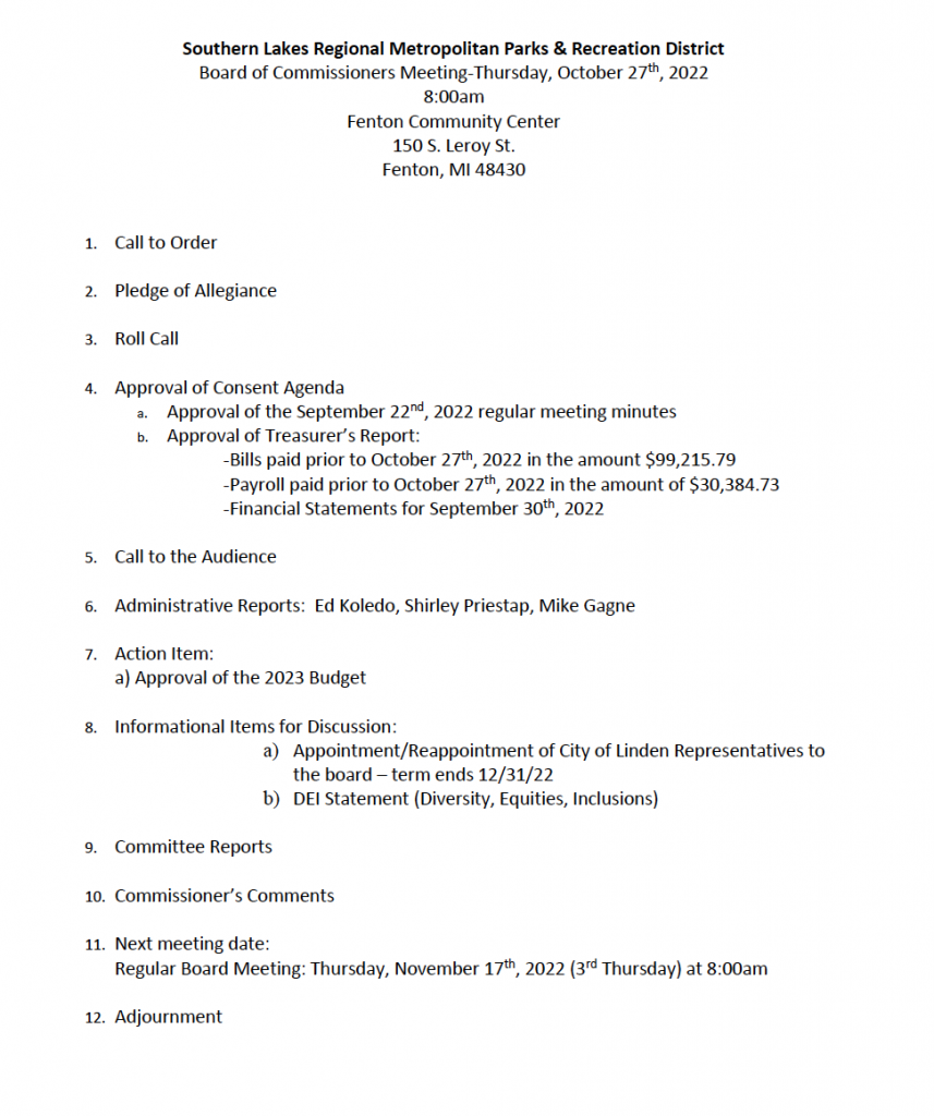 SLPR October Board Meeting - Southern Lakes Parks & Recreation
