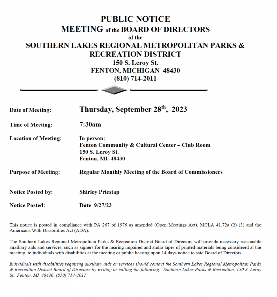September Board Meeting Southern Lakes Parks Recreation