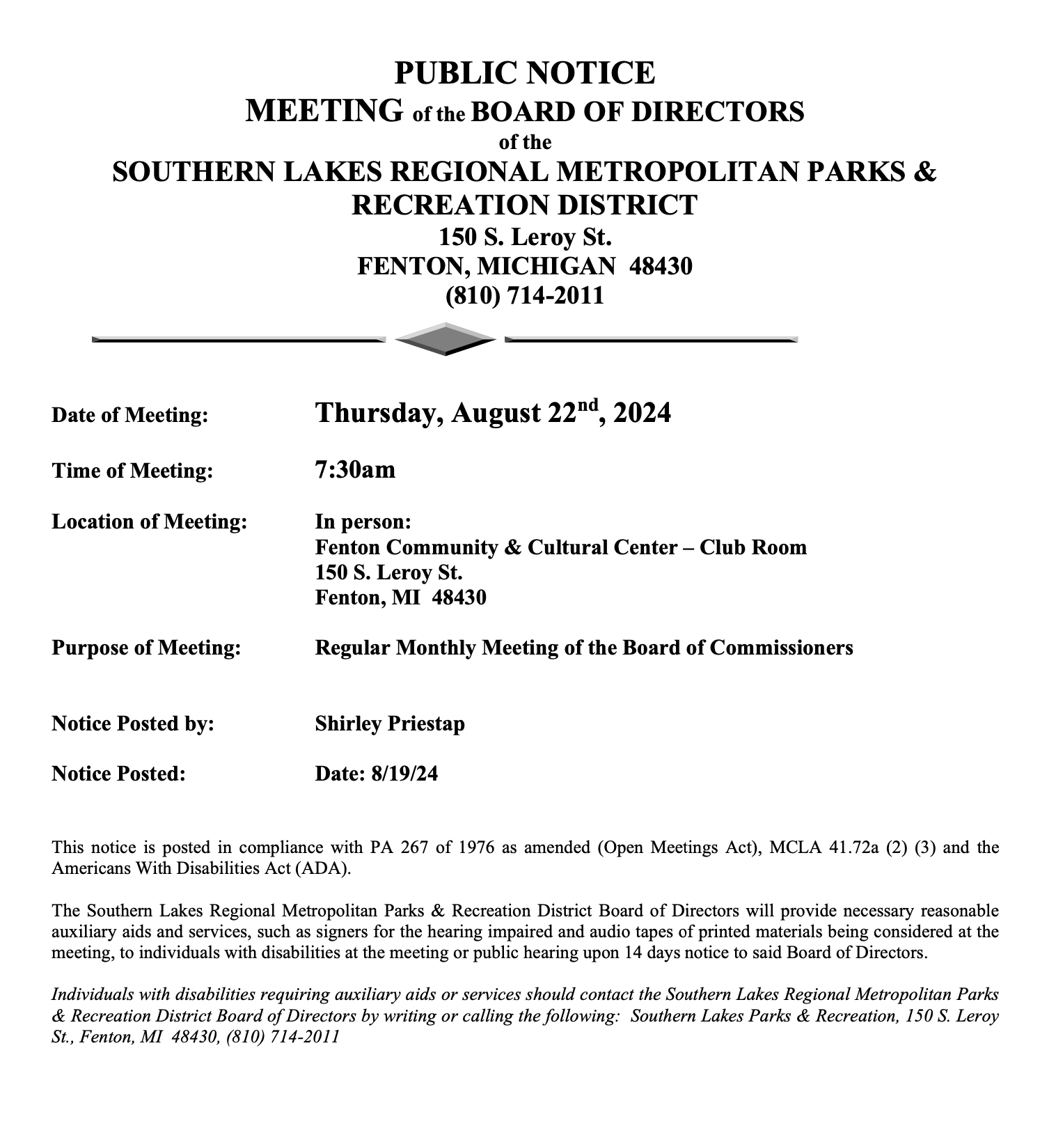 SLPR August Board Meeting - Southern Lakes Parks & Recreation